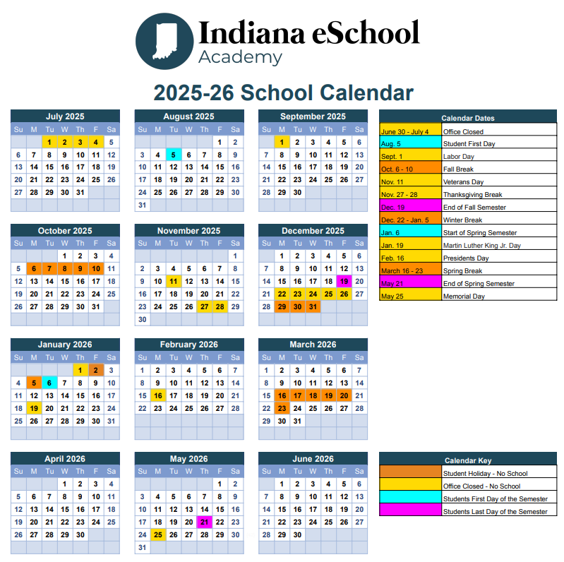 Indiana eSchool Academy School Calendar and Important Program Dates