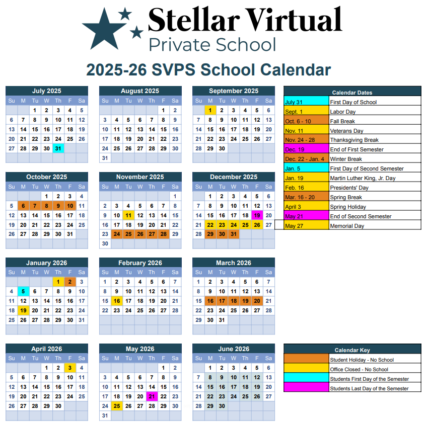 Stellar Virtual Private School School Calendar and Important Program Dates